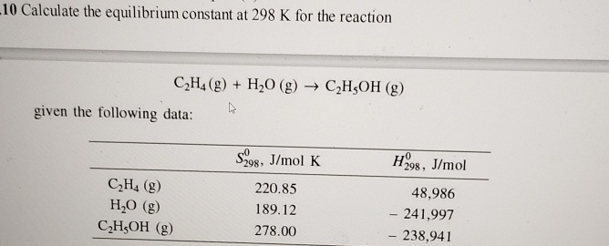 Solved 10 ﻿Calculate the equilibrium constant at 298K ﻿for | Chegg.com