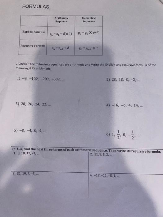 Solved FORMULAS Arithmetic Sequence Geometric Sequence | Chegg.com