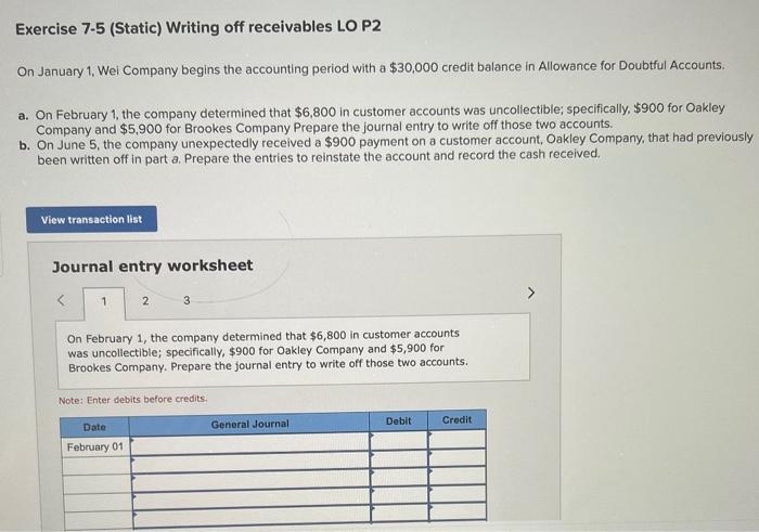 Solved Exercise 7-5 (Static) Writing off receivables LO P2 | Chegg.com