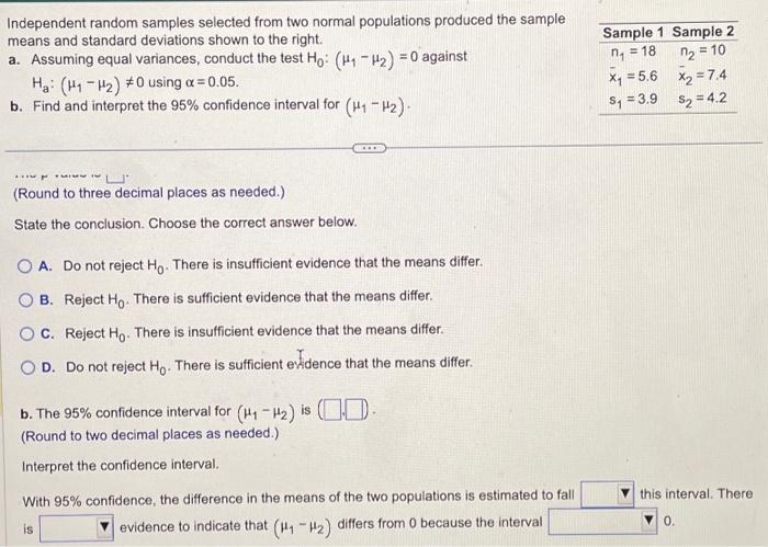 Solved Independent random samples selected from two normal | Chegg.com