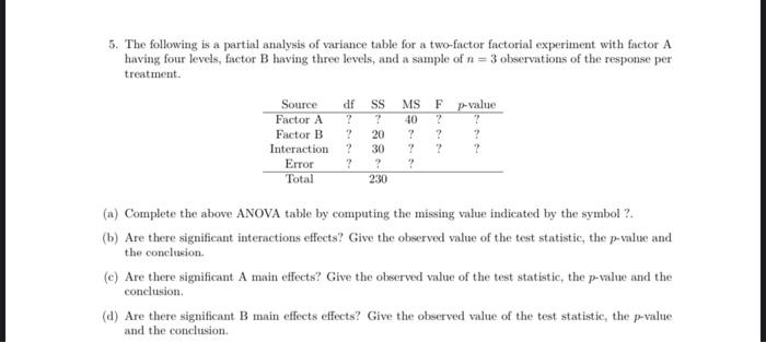 Solved 5. The following is a partial analysis of variance | Chegg.com