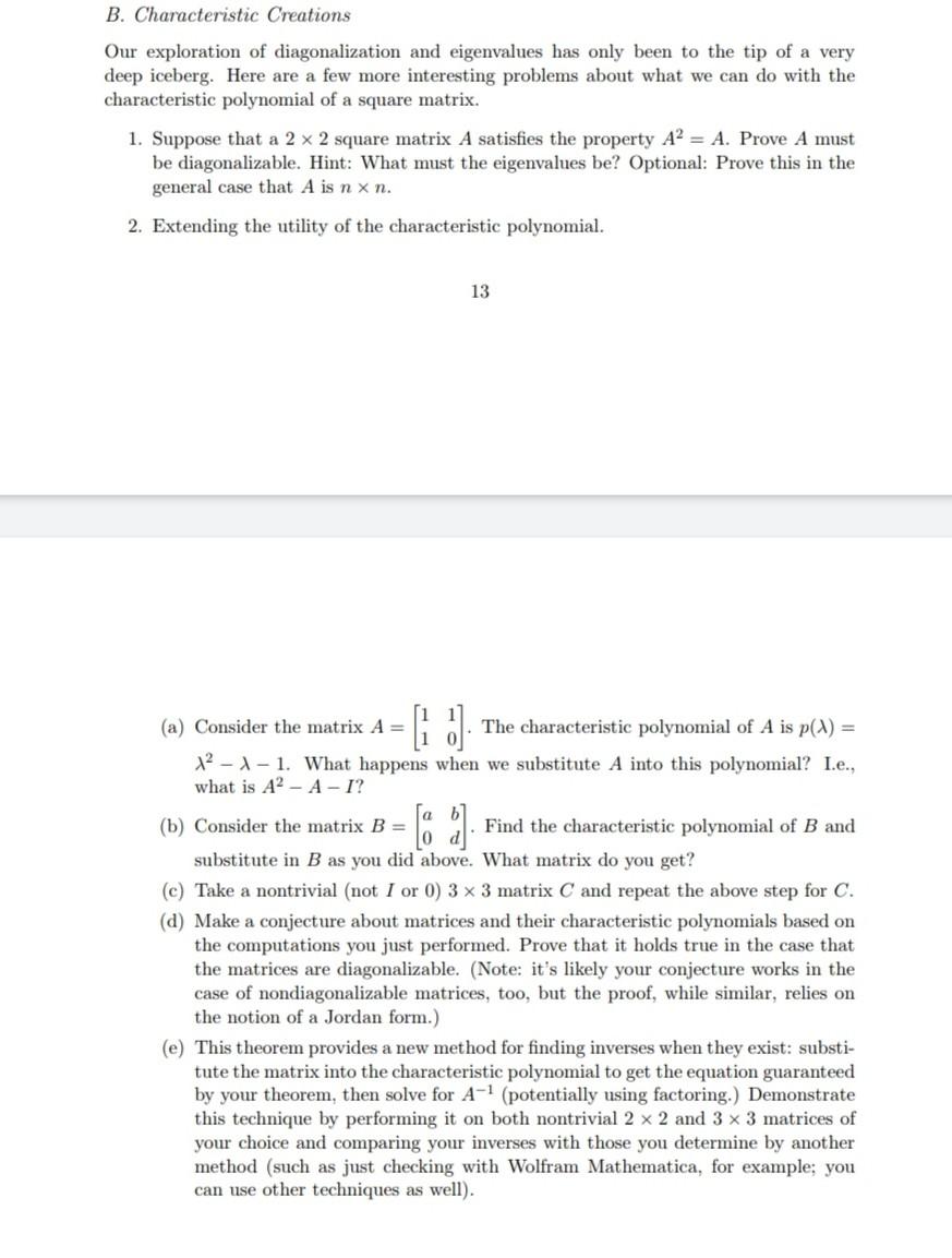 Solved B. Characteristic Creations Our exploration of | Chegg.com