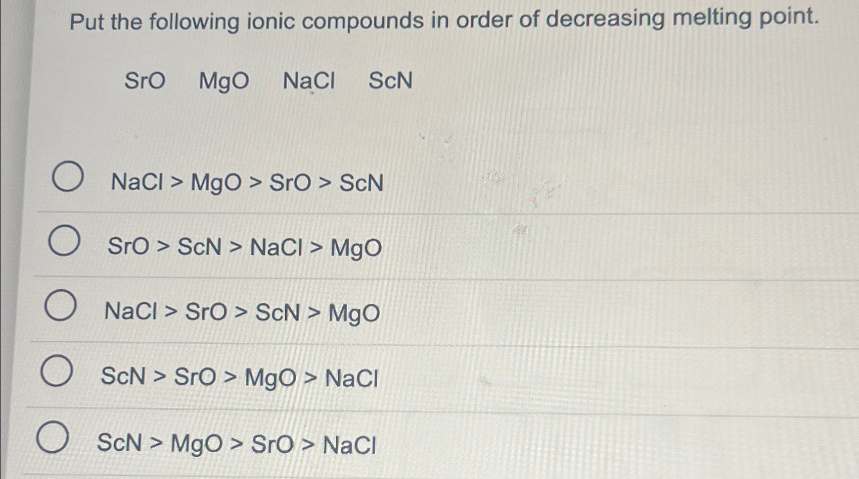 Solved Put the following ionic compounds in order of | Chegg.com