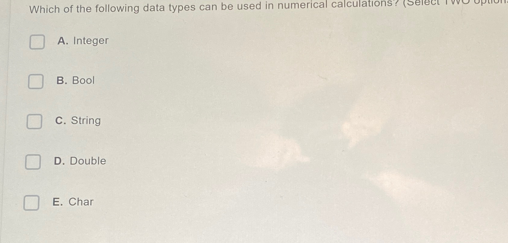 Solved Which of the following data types can be used in | Chegg.com