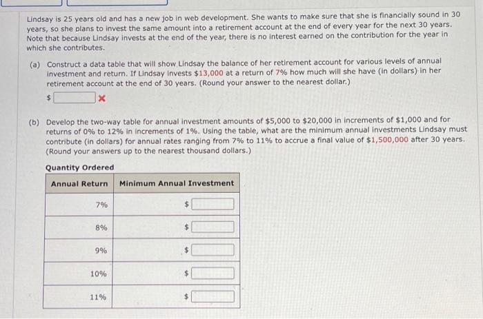 Solved Lindsay is 25 years old and has a new job in web | Chegg.com