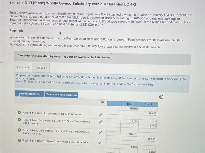 Solved Exercise 4-19 (Static) Wholly Owned Subsidiary with a | Chegg.com