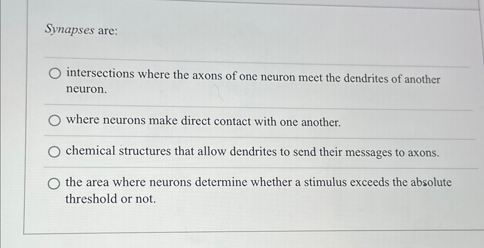 Solved Synapses are:intersections where the axons of one | Chegg.com