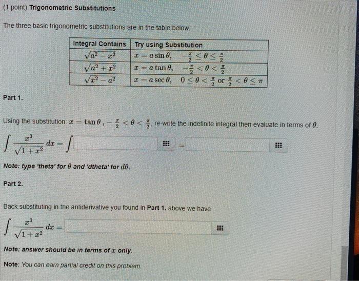 Solved (1 point) Trigonometric Substitutions The three basic | Chegg.com