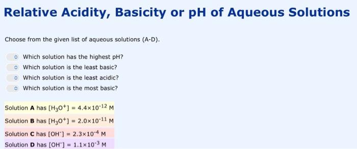 Solved Relative Acidity, Basicity or pH of Aqueous Solutions | Chegg.com