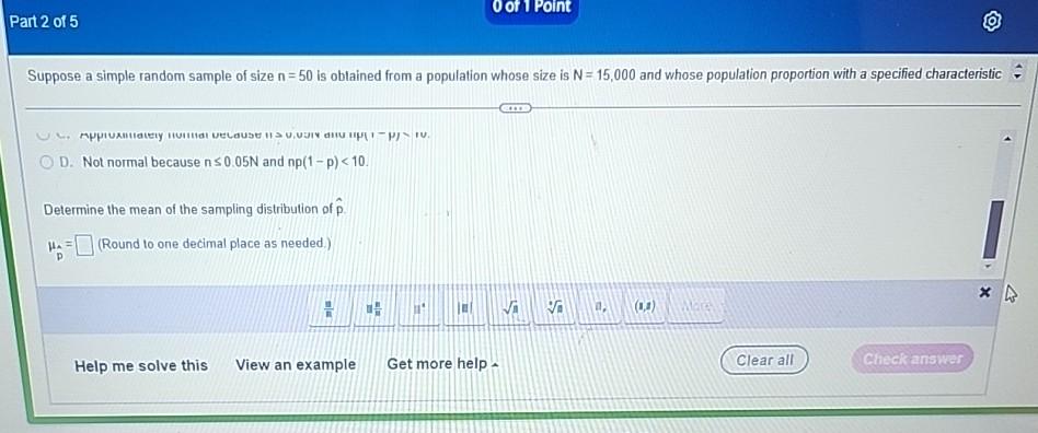 Solved Part 2 ﻿of 5of 1 ﻿PointSuppose a simple random sample | Chegg.com