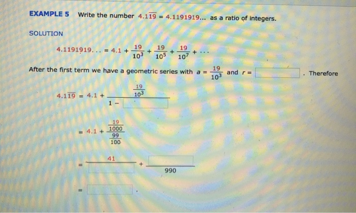 Solved EXAMPLE 5 Write the number 4.119 = 4.1191919... as a | Chegg.com