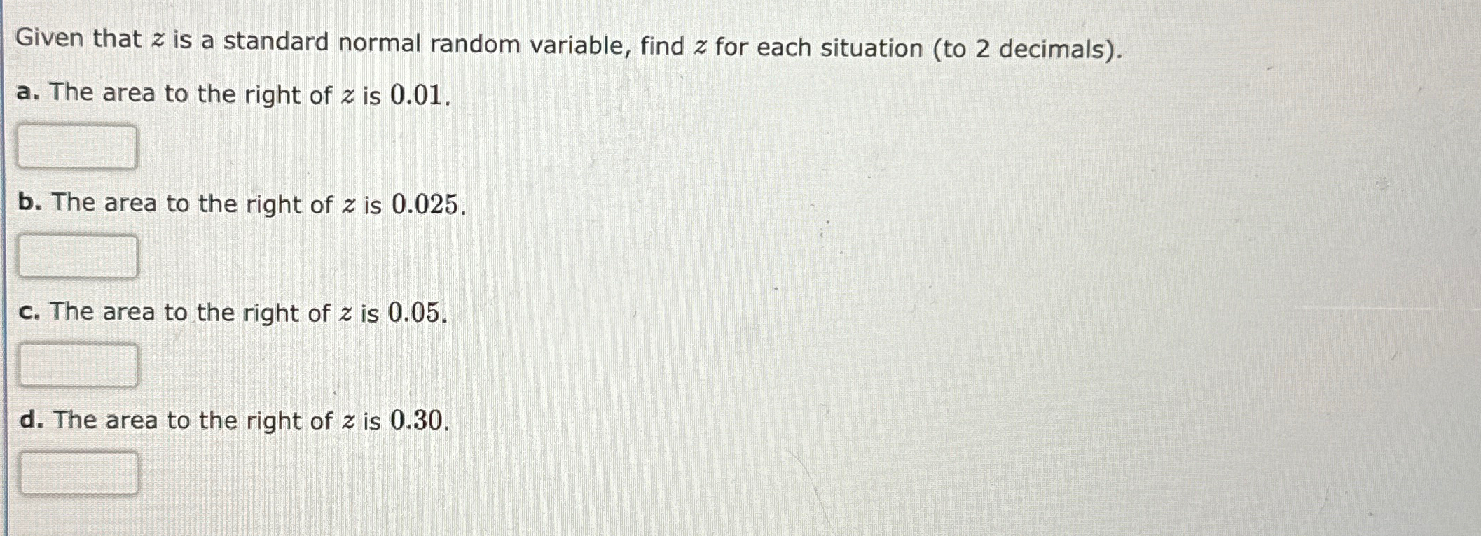 Solved Given that z ﻿is a standard normal random variable, | Chegg.com