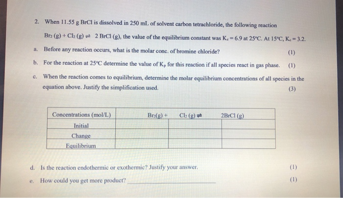Solved 2. When 11.55 g BrCl is dissolved in 250 ml. of | Chegg.com