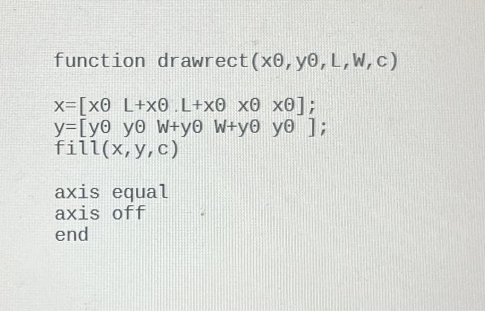 Solved function drawrect(xΘ,yΘ,L,W,c) fill(x,y,c) axis equal | Chegg.com