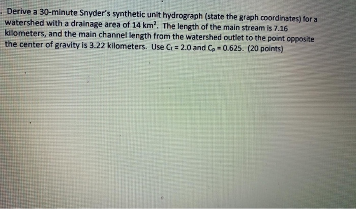 Solved Derive a 30-minute Snyder's synthetic unit hydrograph | Chegg.com