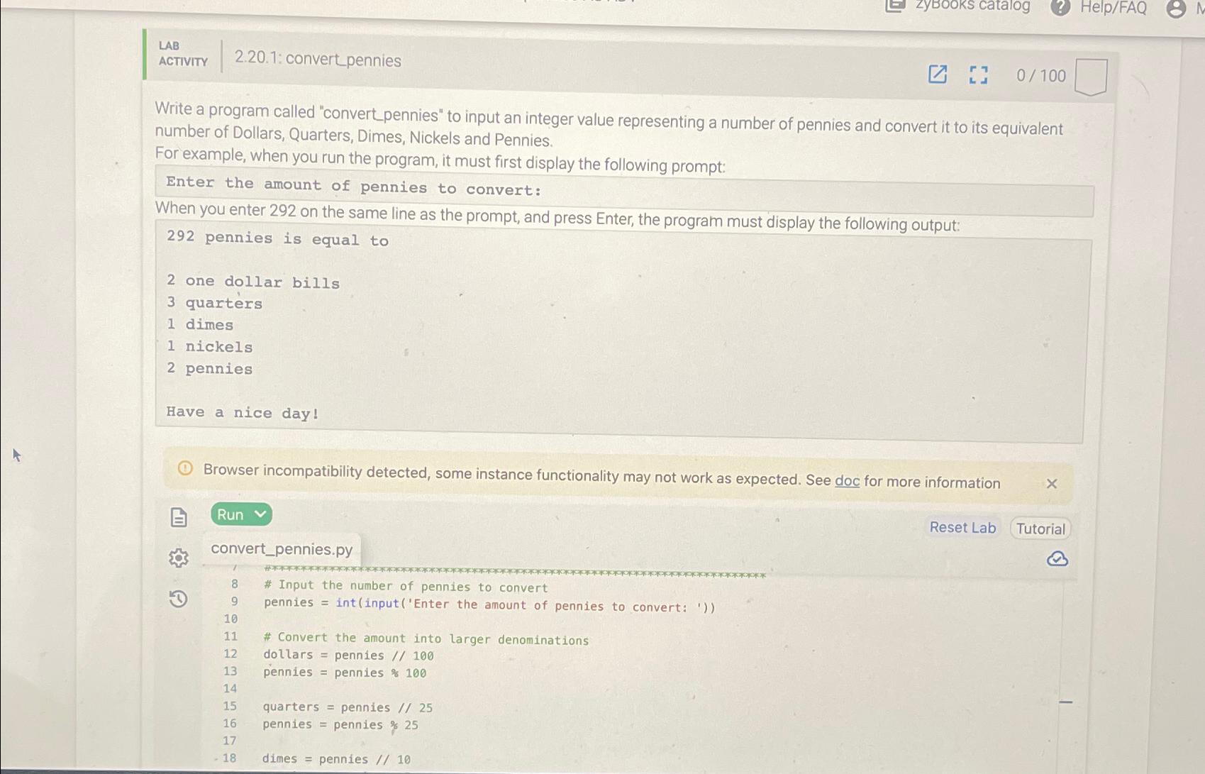 Solved LABACTIVITY2.20.1: convertpenniesWrite a program | Chegg.com