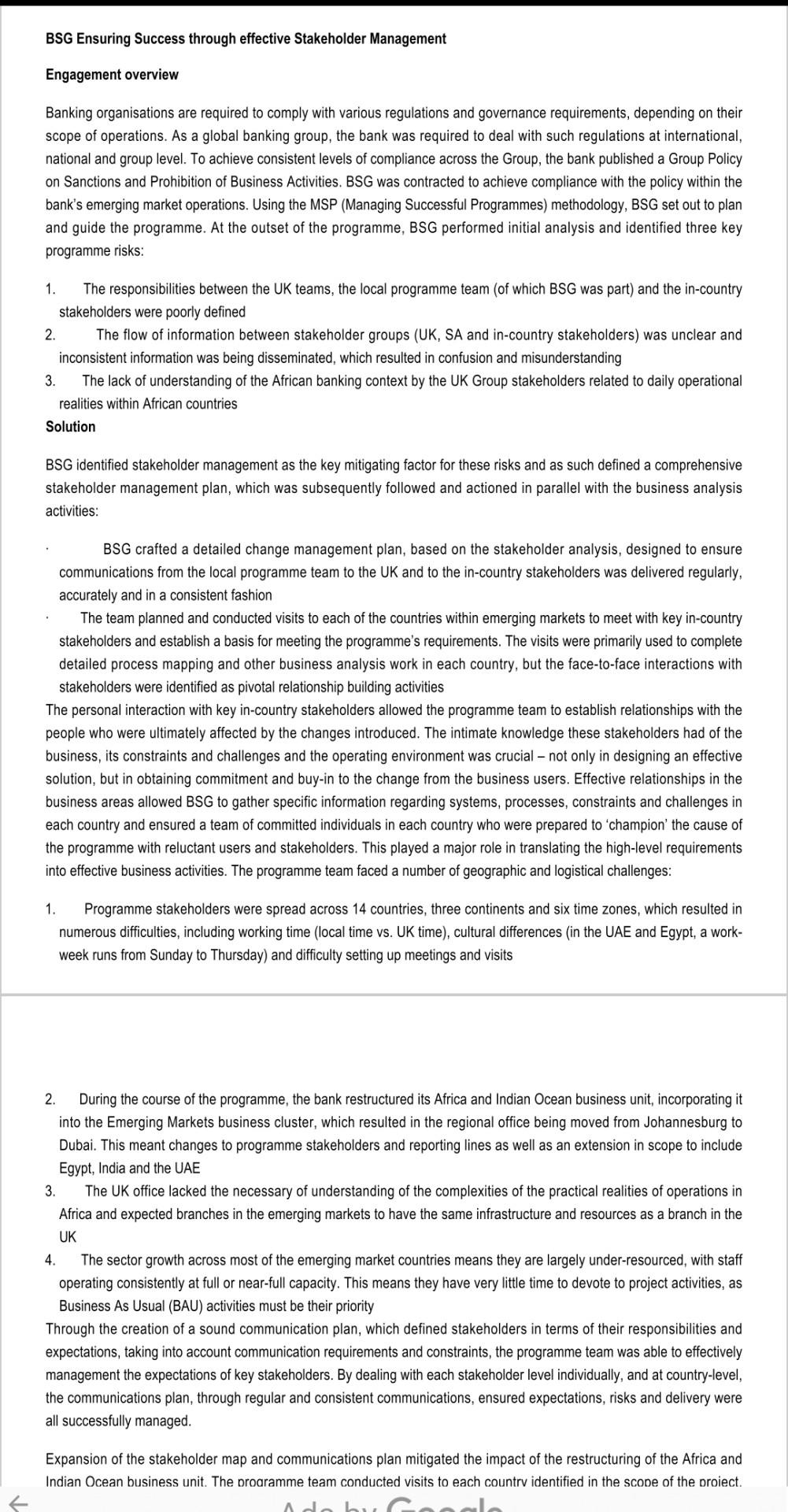 Solved BSG Ensuring Success through effective Stakeholder | Chegg.com