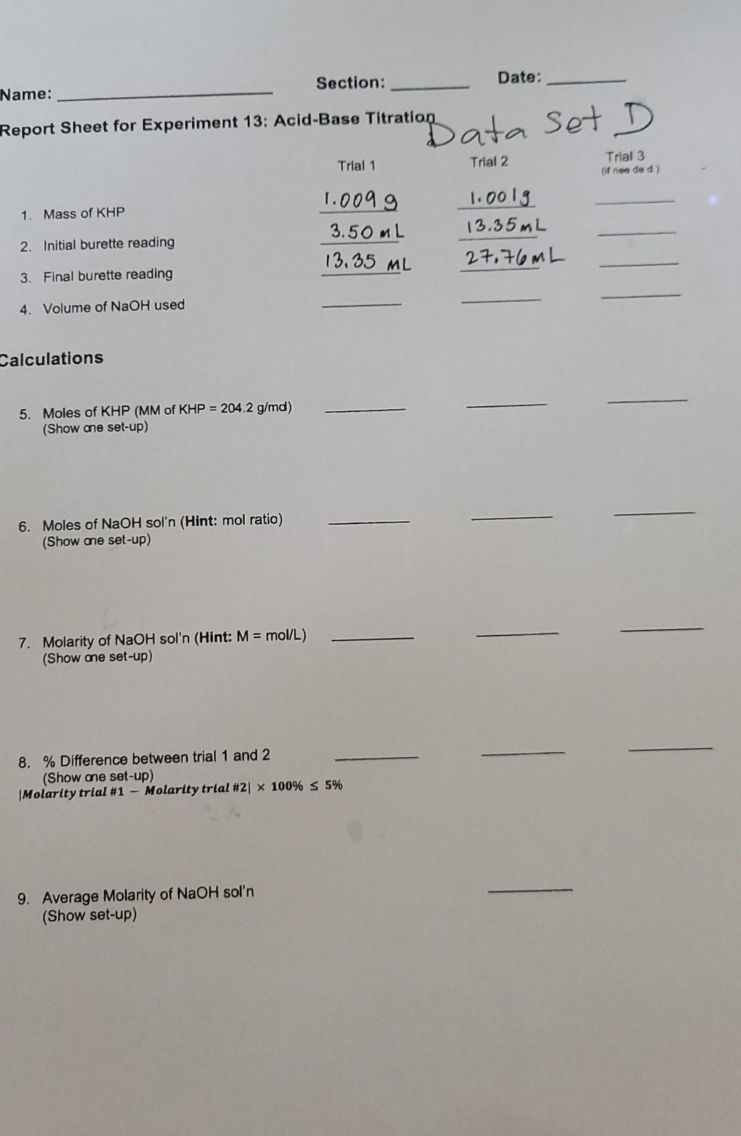 Solved Section: Date: Name: Report Sheet for Experiment 13: | Chegg.com