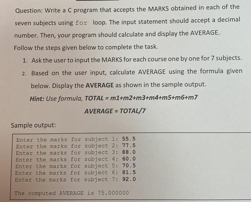 Solved Question: Write a C program that accepts the MARKS | Chegg.com