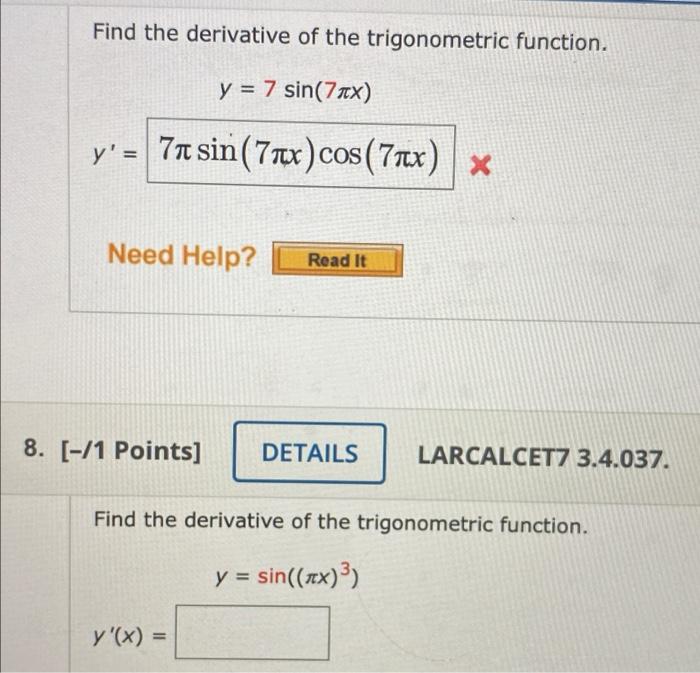 Solved Find the derivative of the trigonometric function. y | Chegg.com