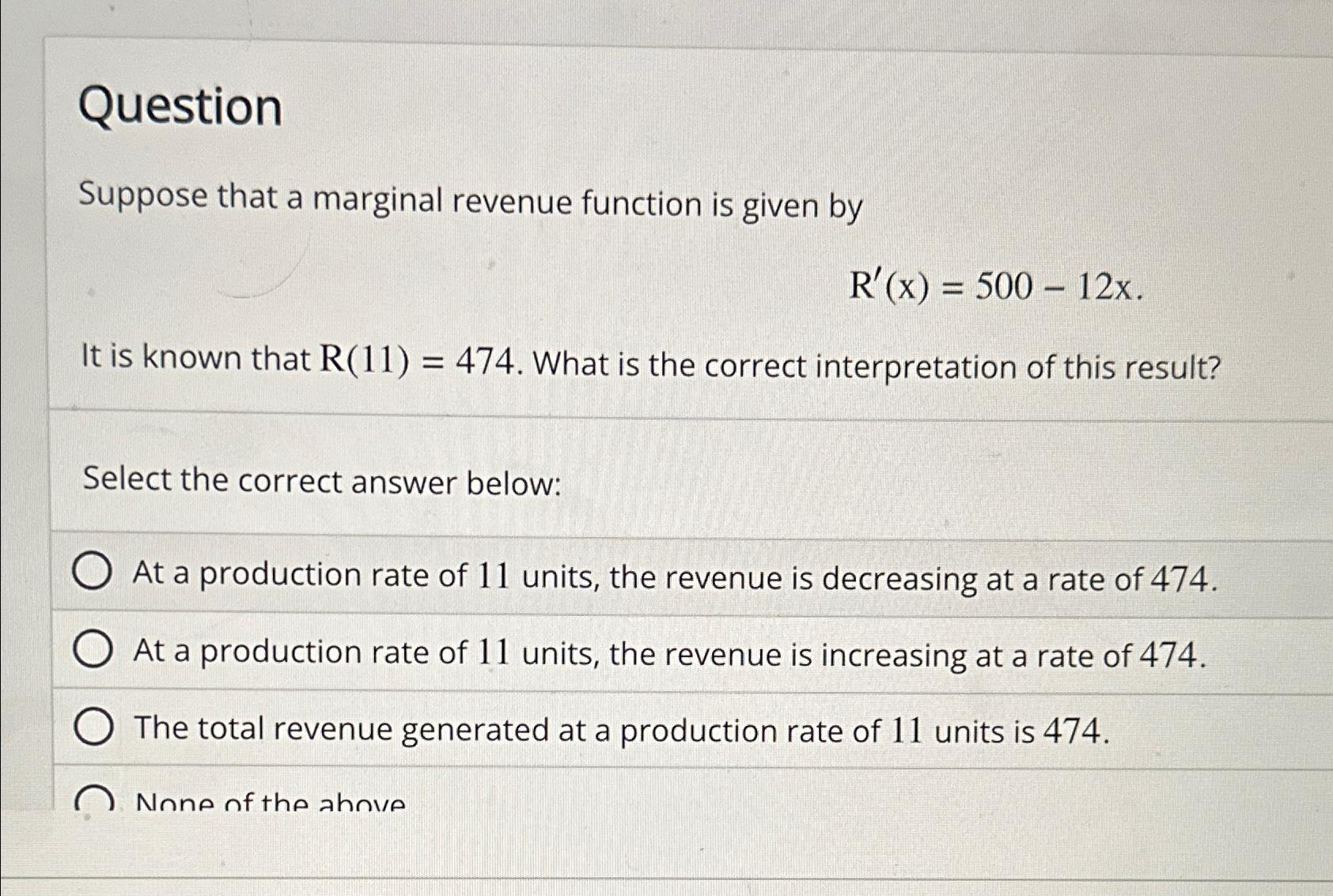 Solved QuestionSuppose that a marginal revenue function is | Chegg.com