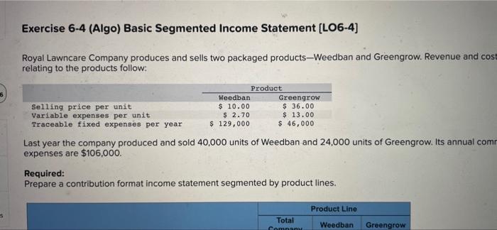 Solved Exercise 6-4 (Algo) Basic Segmented Income Statement | Chegg.com
