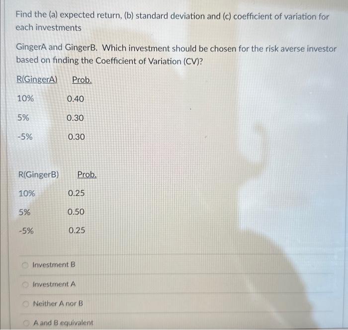Solved Find the (a) expected return, (b) standard deviation | Chegg.com