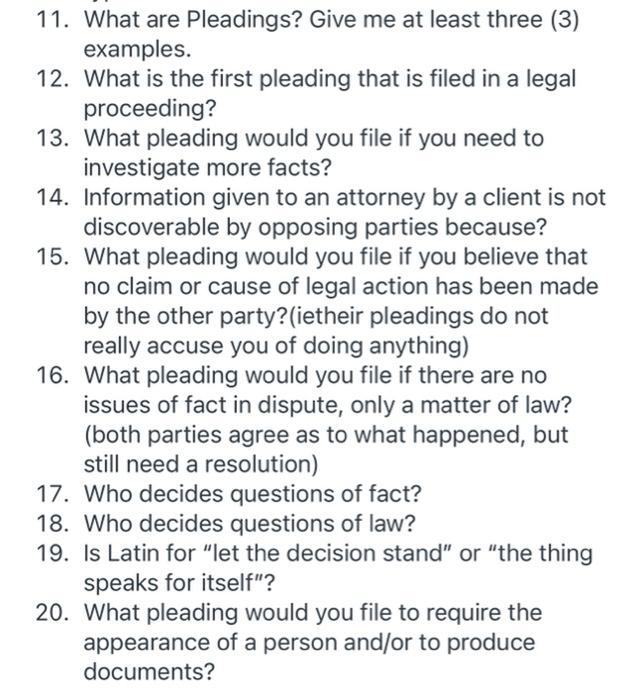 Solved 11. What are Pleadings? Give me at least three (3) | Chegg.com