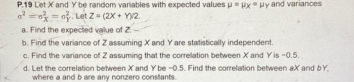 Solved P.19 Let X and Y be random variables with expected | Chegg.com