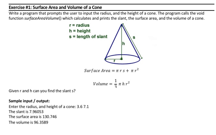 Solved Exercise #1: Surface Area and Volume of a Cone Write | Chegg.com