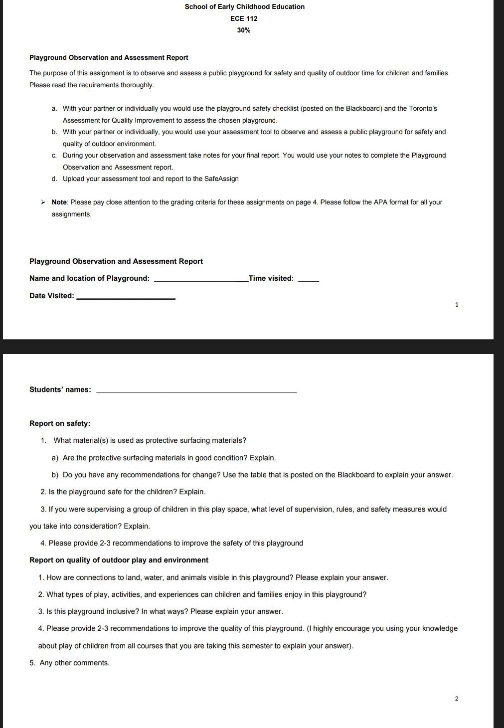 Playground Observation and Assessment Report The | Chegg.com