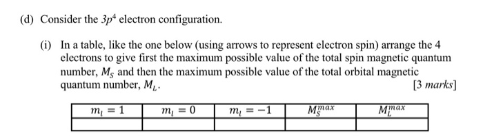 Solved (d) Consider the 3p4 electron configuration. (i) In a | Chegg.com