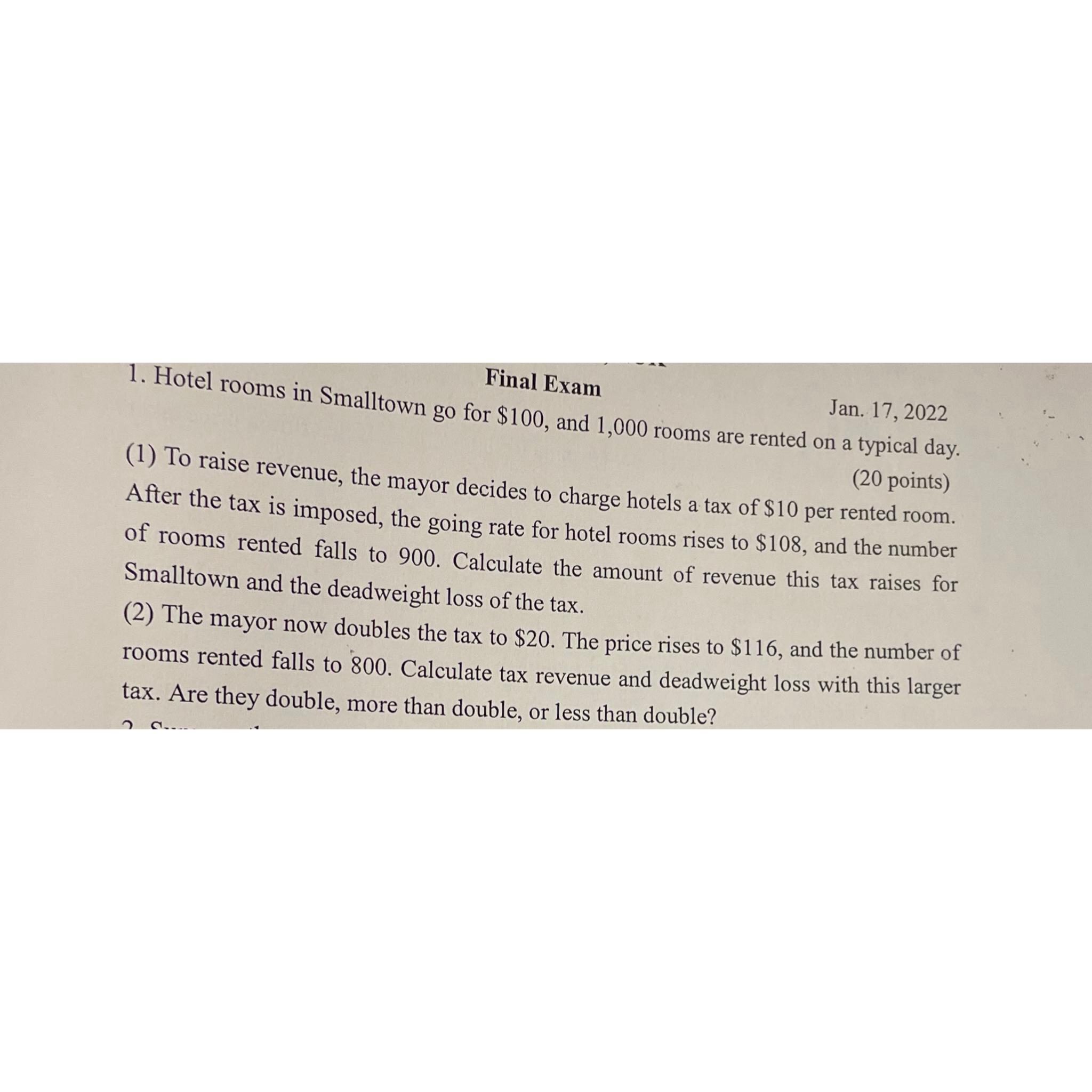 Solved Final ExamJan. 17, 2022Hotel rooms in Smalltown go | Chegg.com