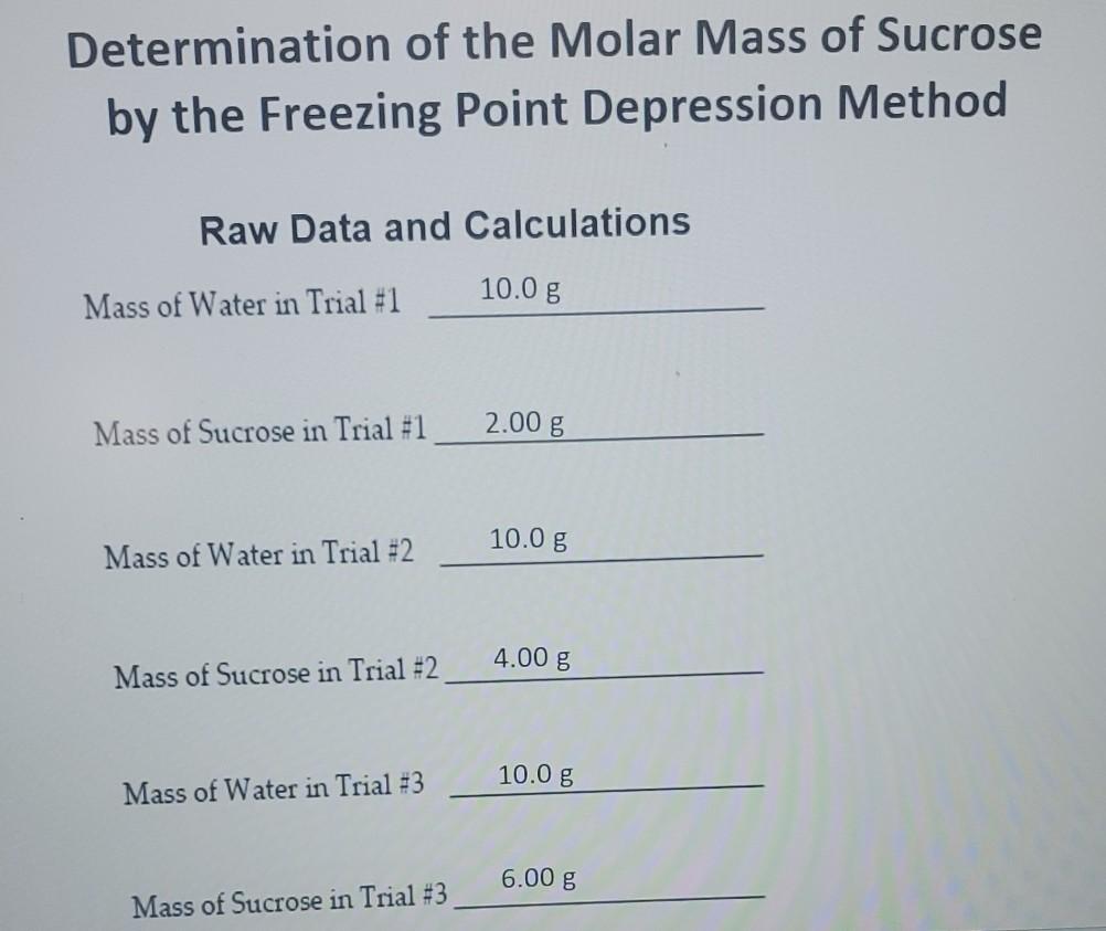 Determination of the Molar Mass of Sucrose by the | Chegg.com