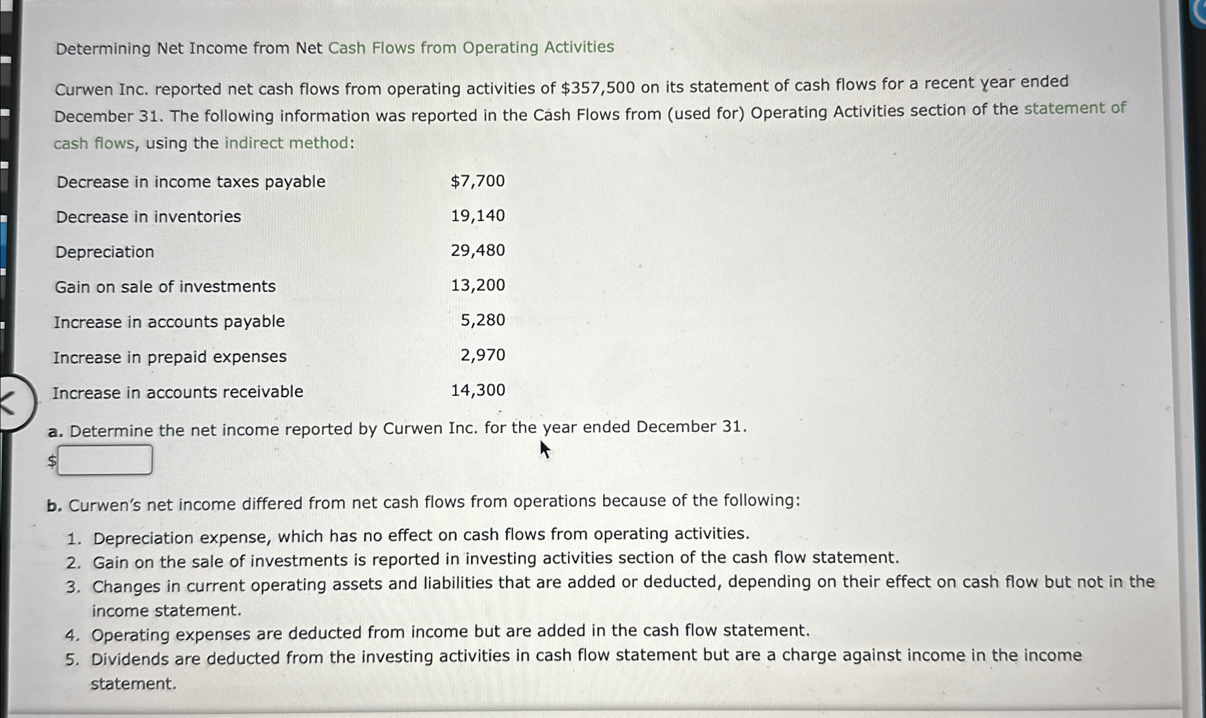 Solved Determining Net Income from Net Cash Flows from | Chegg.com