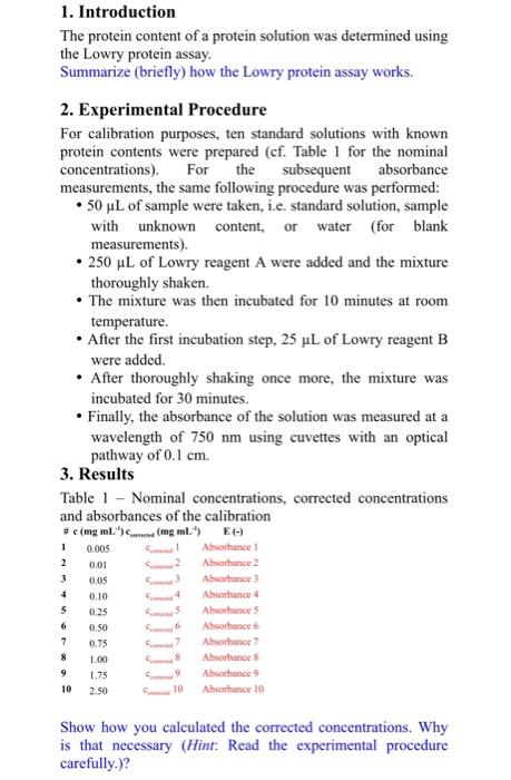 Solved 1. Introduction The protein content of a protein | Chegg.com