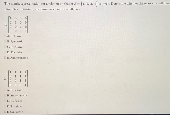 Solved The matrix representation for a relation on the set A | Chegg.com