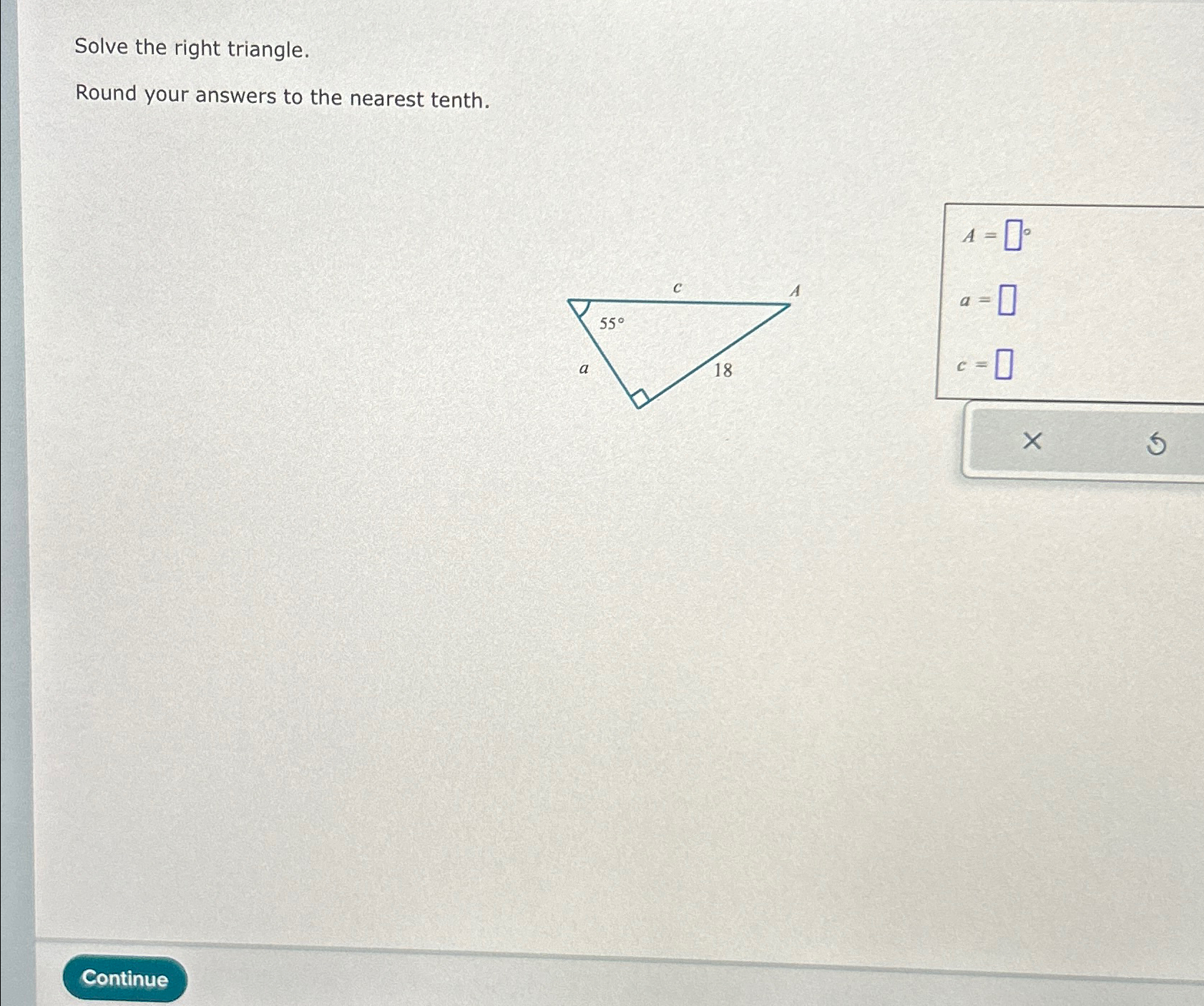 Solved Solve the right triangle.Round your answers to the | Chegg.com