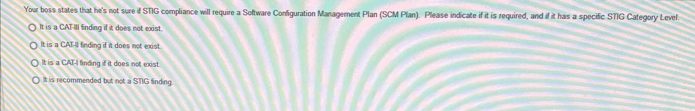 Solved Your boss states that he's not sure if STIG | Chegg.com