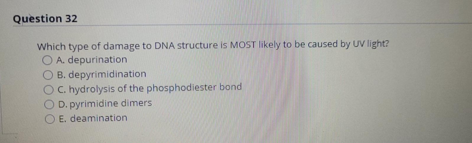 Solved Question 32 Which type of damage to DNA structure is | Chegg.com