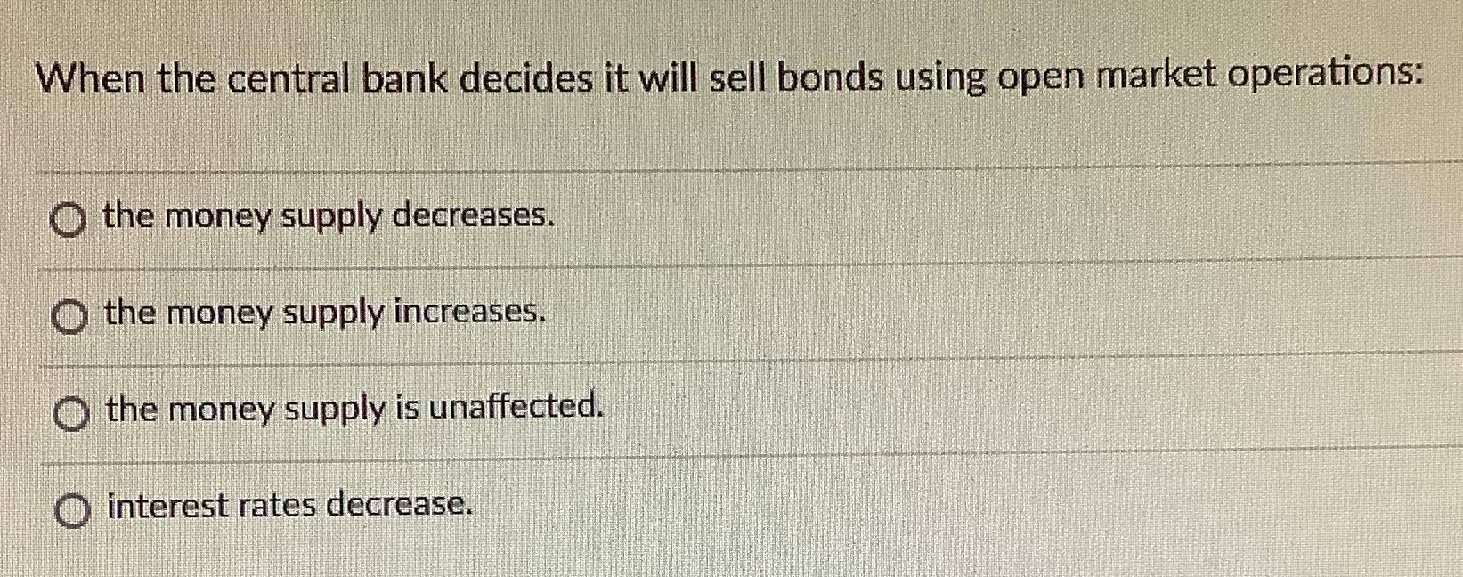 Solved When the central bank decides it will sell bonds | Chegg.com