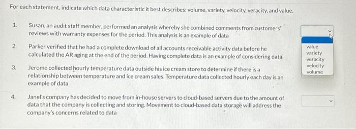 Solved For each statement, indicate which data | Chegg.com