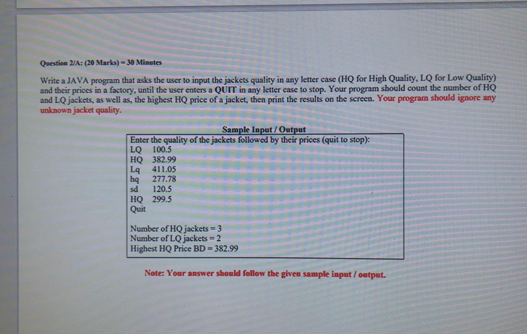 Solved Question 2A: (20 Marks) = 30 Minutes Write a JAVA | Chegg.com