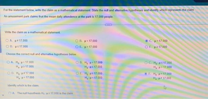 Solved For the statement below, write the claim as a | Chegg.com