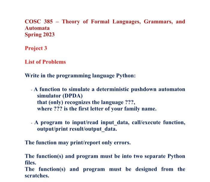 Solved COSC 385 - Theory of Formal Languages, Grammars, and | Chegg.com