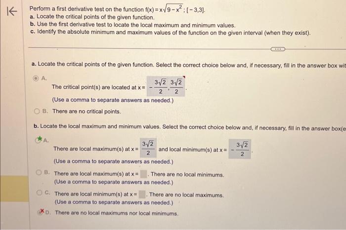 Solved Perform a first derivative test on the function | Chegg.com