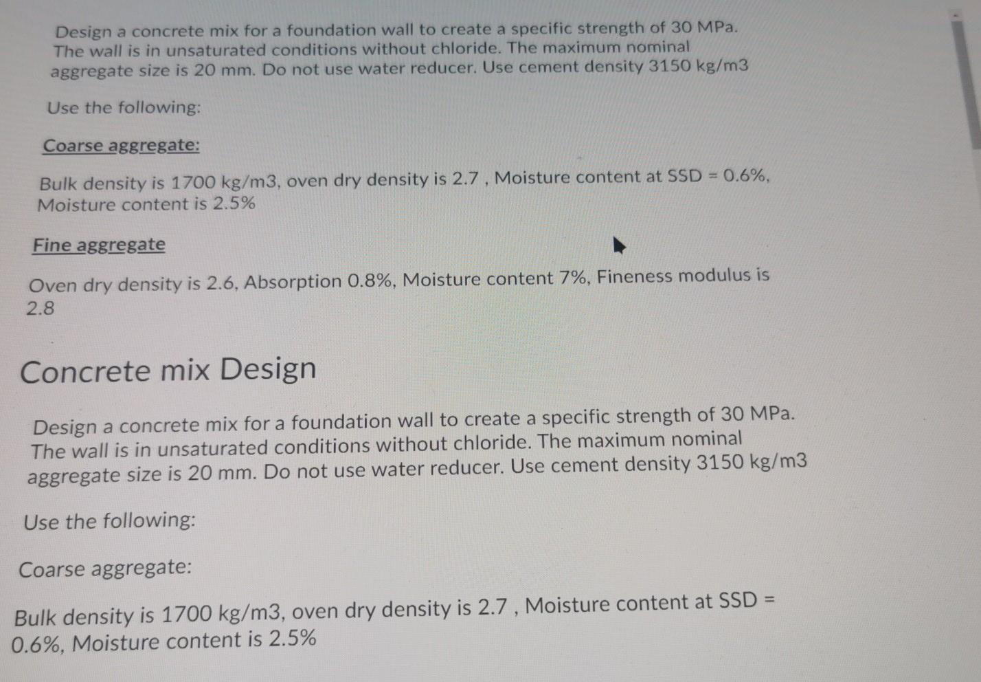 Design a concrete mix for a foundation wall to create | Chegg.com