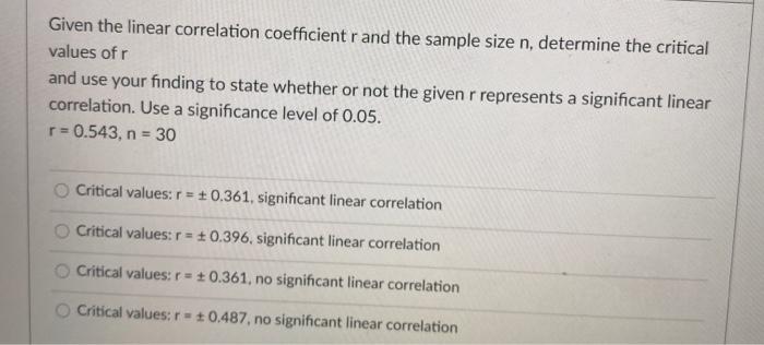 Solved Given the linear correlation coefficient r and the | Chegg.com