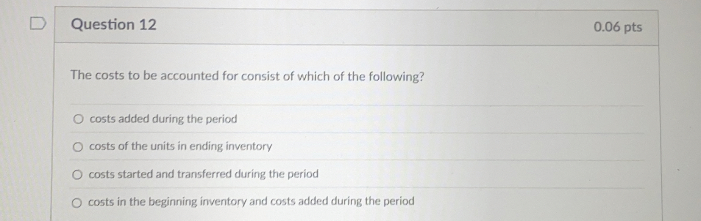 Solved Question 12The costs to be accounted for consist of | Chegg.com