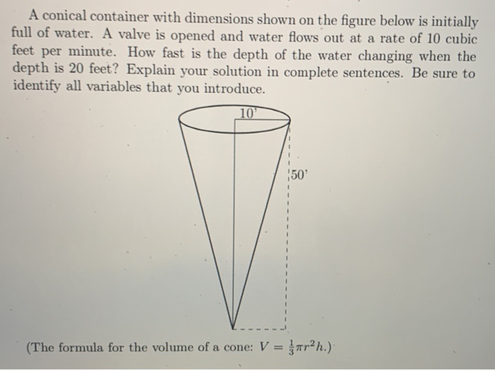 Solved A conical container with dimensions shown on the | Chegg.com